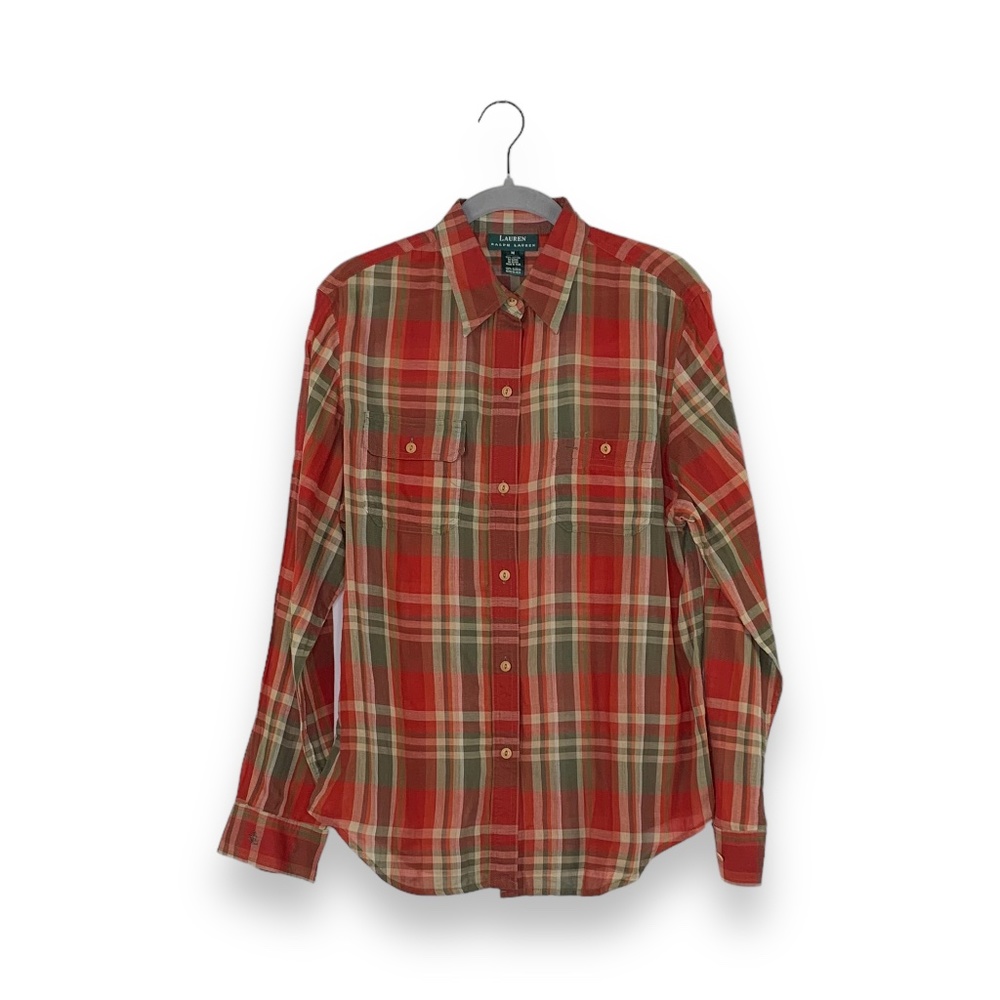 Lauren Ralph Lauren Red Plaid Sheer Roll Tab Sleeve B… - Gem
